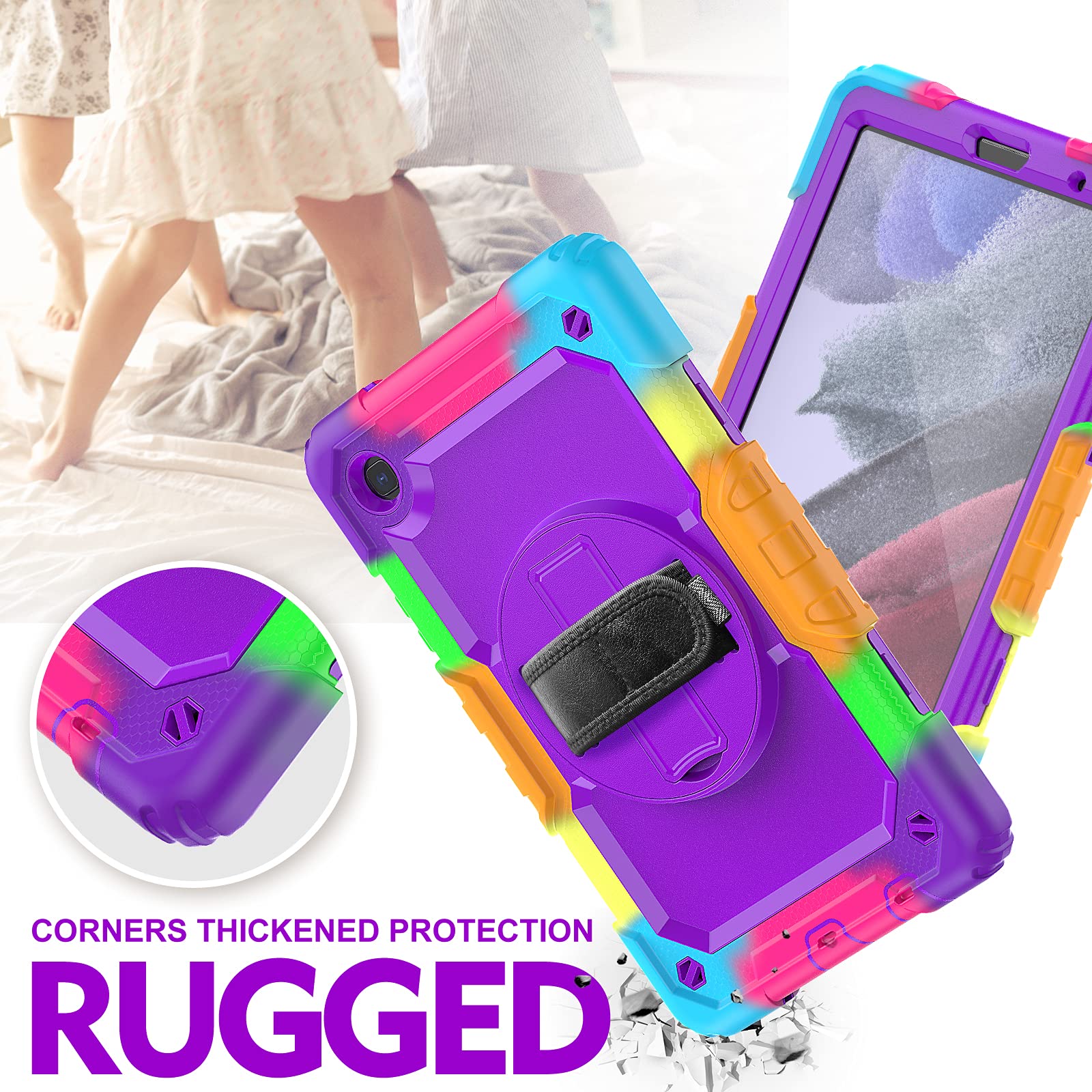 ausleben Case for Samsung Galaxy Tab A7 Lite case 8.7 inch 2021 SM-T220/SM-T225.Full Body Protection Case with Built-in Screen Protector Pen Holder [360 Rotating Hand Strap] (ColorfulPurple)