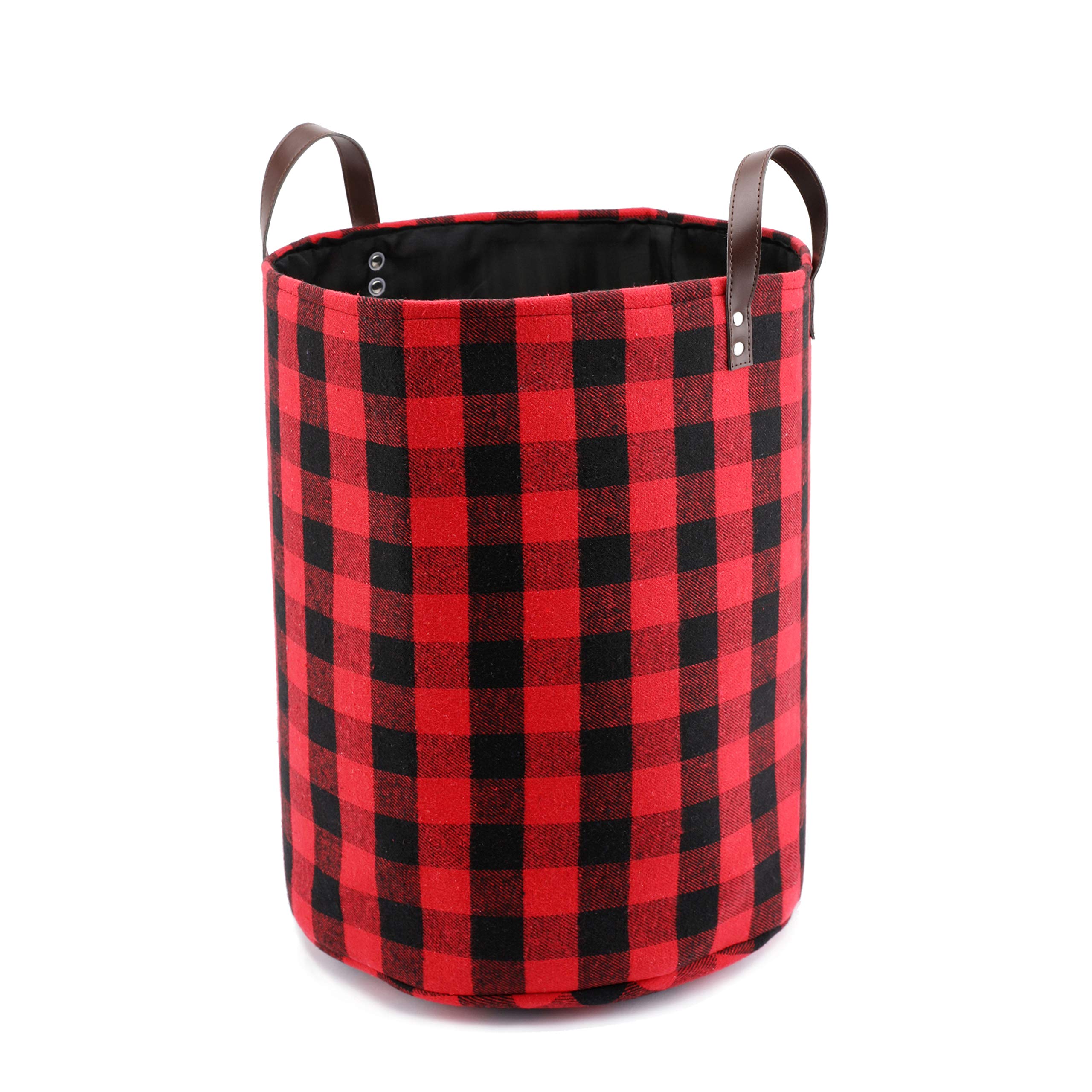 17.7" Large Collapsible Storage Basket with Leather Handles, Red Buffalo Plaid Woolen Fabric Foldable Tote Bags Round Home Decorative Organizer Bin