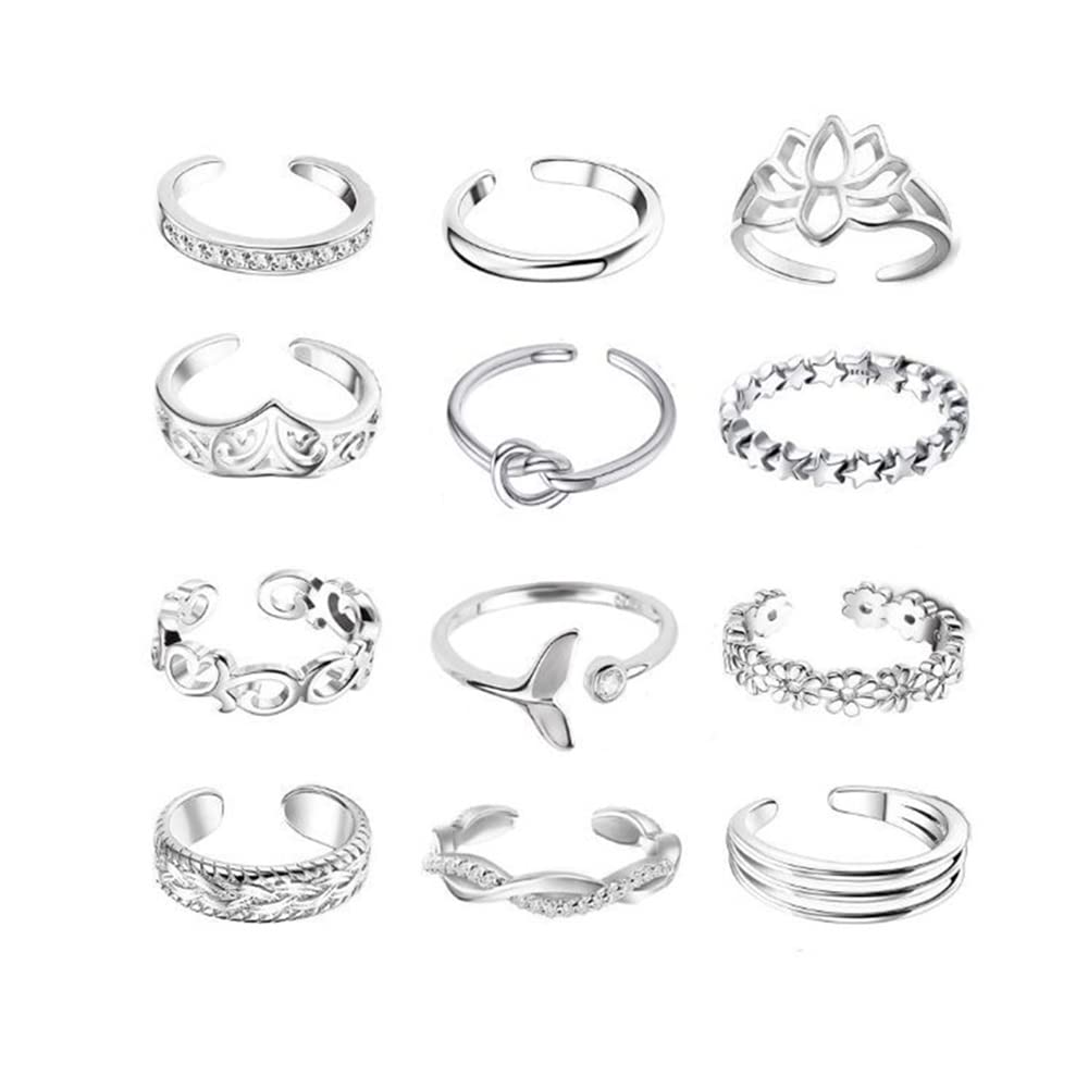 12Pcs Adjustable Toe Rings for Women Flower Moon Star Leaf Heart Tail Band Ring Summer Beach Open Foot Jewelry-Silver