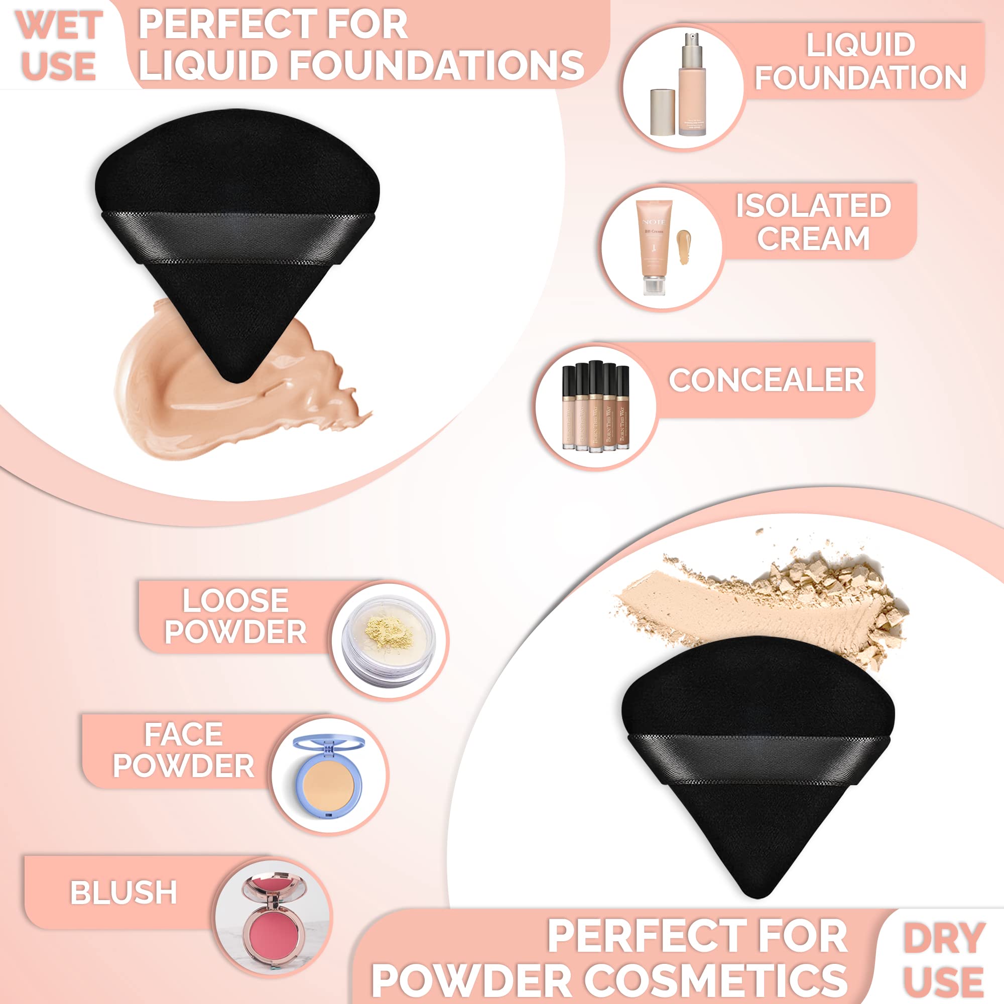 12 Pieces Black Triangle Powder Puff with Cleansing Puff for Face - Velour Soft Cosmetic Wet Dry Powder Puff for Loose Body Powder Setting Sponge Washable - Beauty Makeup Tools