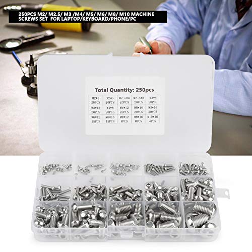 Screws Set, 250pcs M2/ M2.5/ M3 /M4/ M5/ M6/ M8/ M10 Machine Screws Set for Laptop/Keyboard/Phone/PC