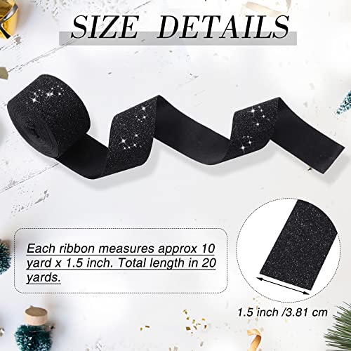 2 Rolls Glitter Ribbon 1-1/2 Inch x 10 Yards Wrapping Cut Edge Ribbon for Gift Wrapping Shiny Wrapping Ribbon for DIY Crafts Shower Tree Party Home Wedding Decoration(Black, 1-1/2 Inch Wide)