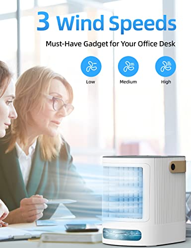 3-IN-1 Portable Air Cooler, USB Powered Desktop Cooling Fan, 3 Levels Spray Humidify & 3 Speeds Personal Air Conditioner Fan w/8 Night Light Modes, Evaporative Air Cooler for Small Room/Office/Camping