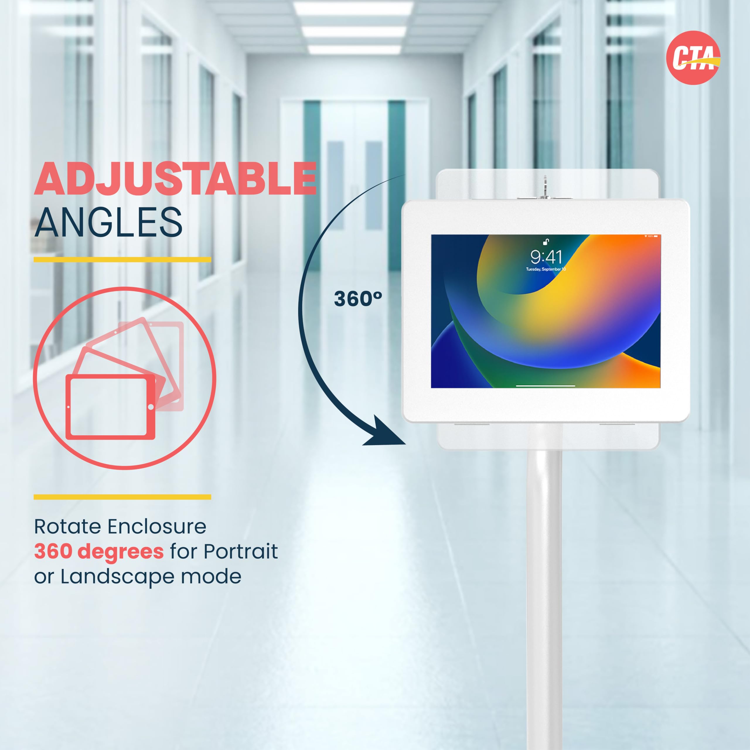 Anti-Theft Height Adjustable Kiosk Floor Stand CTA Secure Lockable Store Kiosk W/Height Adjustable Mechanism | for iPad 7/8/9 iPad Pro 11โ Inch Samsung & Microsoft Tablets - White (PAD-PARAFDW)