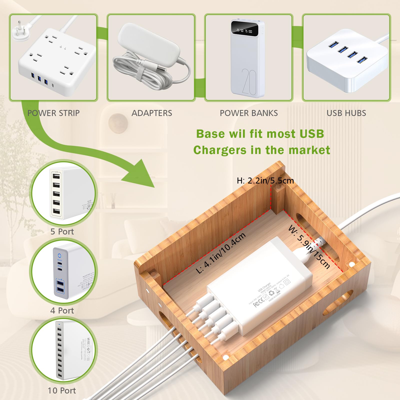 Pezin & Hulin Bamboo Charging Station for Multiple Devices with 5 Port USB Charger, 5 Cables, Watch&Earbuds Stand, Electronic Device Desktop Organizer for Cellphone, Tablet, Watch, Earbuds