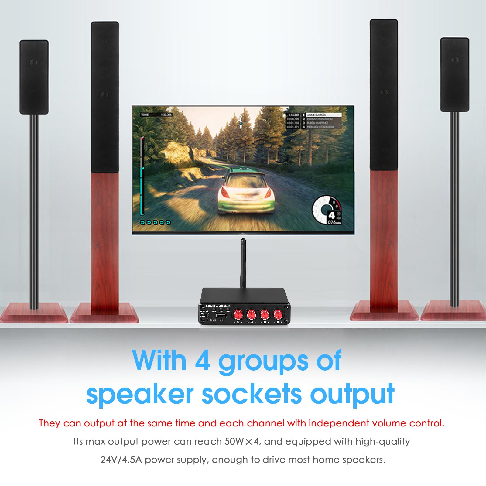 4 Channel Bluetooth Amplifier, 50W x 4 Audio Power Amp, Hi-Fi Home Stereo Speaker Receiver [Douk Audio M4]
