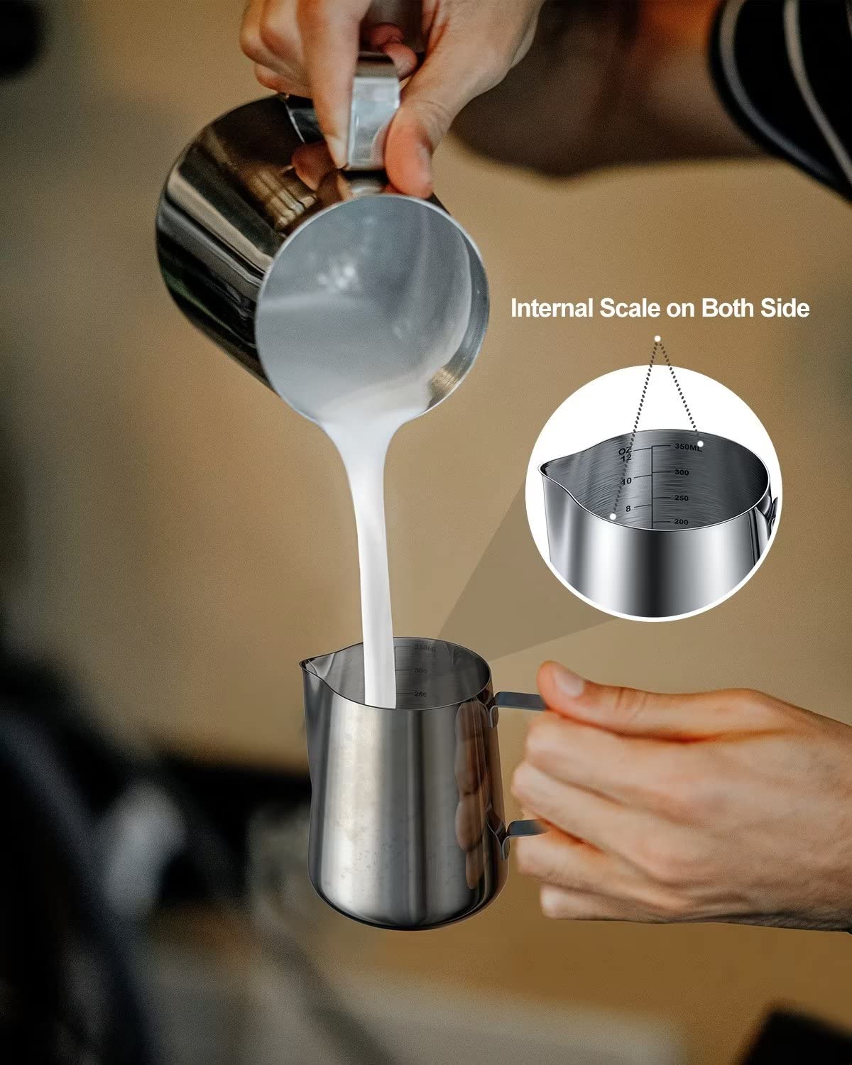 12 Ounces Stainless Steel Milk Frothing Pitcher, Measurements on Both Sides, Espresso Machine Accessories, Latte Art Cup with Insulated Handle, Creamer Pitcher for Single-Serve, No-drip or Spillage