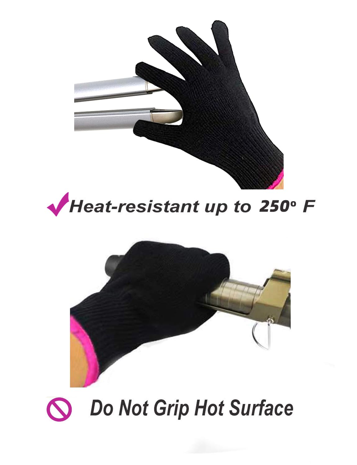 AFT90 2 Heat Resistant Glove for Hair Styling, Curling Iron, Flat Iron and Curling Wand, Black, Pink Edge