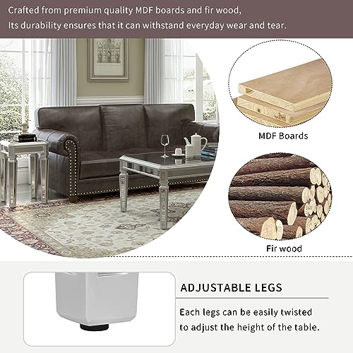 3-Piece Coffee table and End Tables Set,Glass Mirrored Coffee Table with Adjustable Height Legs and Crystal Design,Fashionable Cocktail Table,Easy Assembly Rectangular Glass Coffee Table,Silver