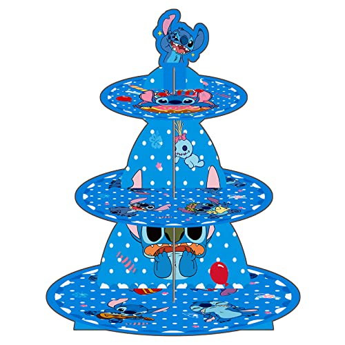 3-Tier Blue Themed Cupcake Stand, Stitch Birthday Decoration Round Dessert Stand, Stitch Party Supplies Cupcake Display for Boys Girls Birthday Baby Shower