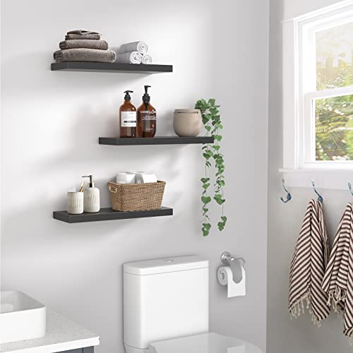AMADA HOMEFURNISHING Floating Shelves Black, Wall Shelves with Invisible Brackets for Bedroom, Bathroom, Living Room, Kitchen, Set of 3 - AMFS07
