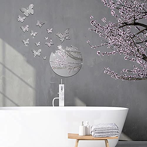 17 Pieces 3D Acrylic Mirror Wall Decor Stickers Removable Butterfly Mirror Wall Stickers DIY Mirror Butterfly Mural Stickers Butterfly Wall Stickers Decals for Home Living Room Bedroom (Silver)