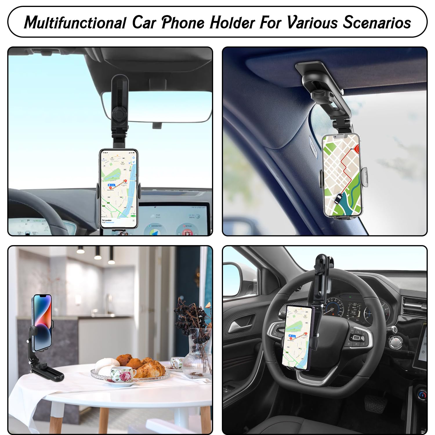 1080°Rotatable and Retractable Car Phone Holder,Sun Visor Phone Holder for Car,Multifunctional Rear View Mirror Phone Holder,Foldable 360 Rotating Cell Phone Mount for All Mobile Phones (Gray)