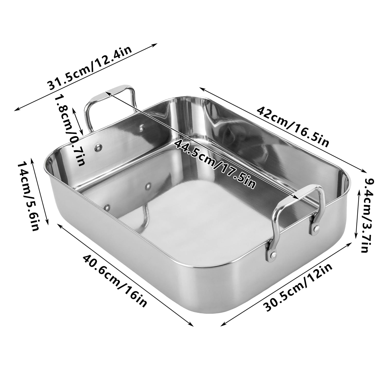 16.5 Inch Roasting Pan with Rack, Stainless Steel Rectangular Turkey Roaster Lasagna Pan for Roasting Turkey/Chicken/Meat & Vegetables, Induction Compatible Dishwasher Safe