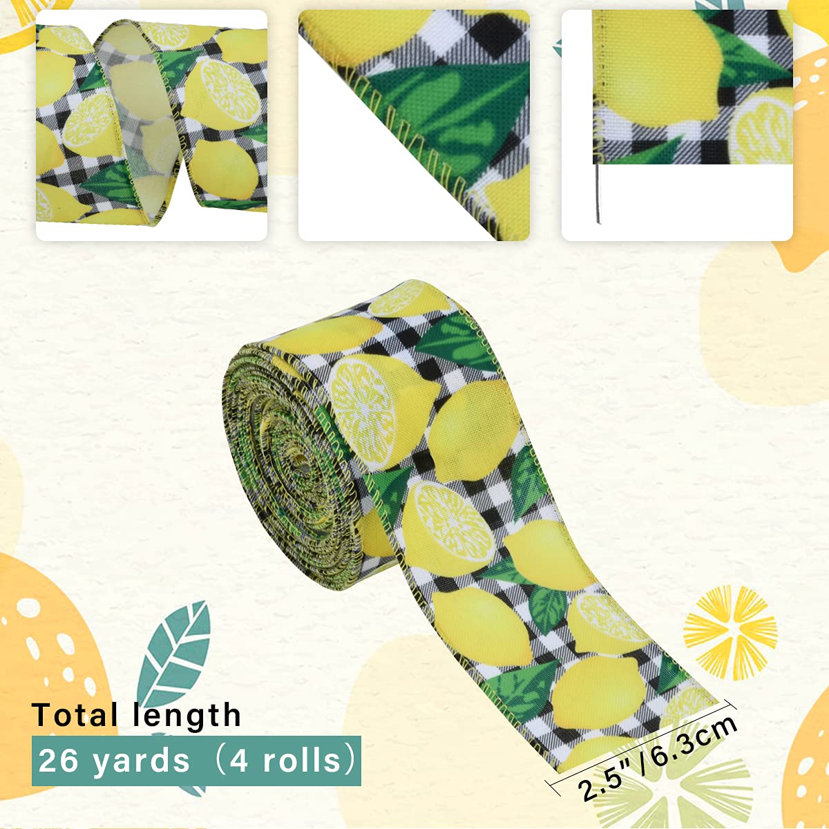 32 Yard Lemon Wired Edge Ribbon 4 Rolls 2.5 Inch Summer Burlap Ribbon Lemon Gingham Check Ribbon Decor for DIY Crafts, Gift Wrapping, Wreaths, Hair Bows, Home Decor