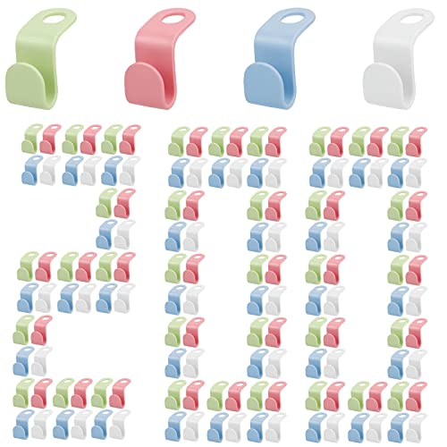 200PCS Clothes Hanger Connector Hooks, 4-Colors Hanger Extender Clips, Plastic Magic Hanger Hooks for Hangers Space Saving and Clothes Closet Organizer