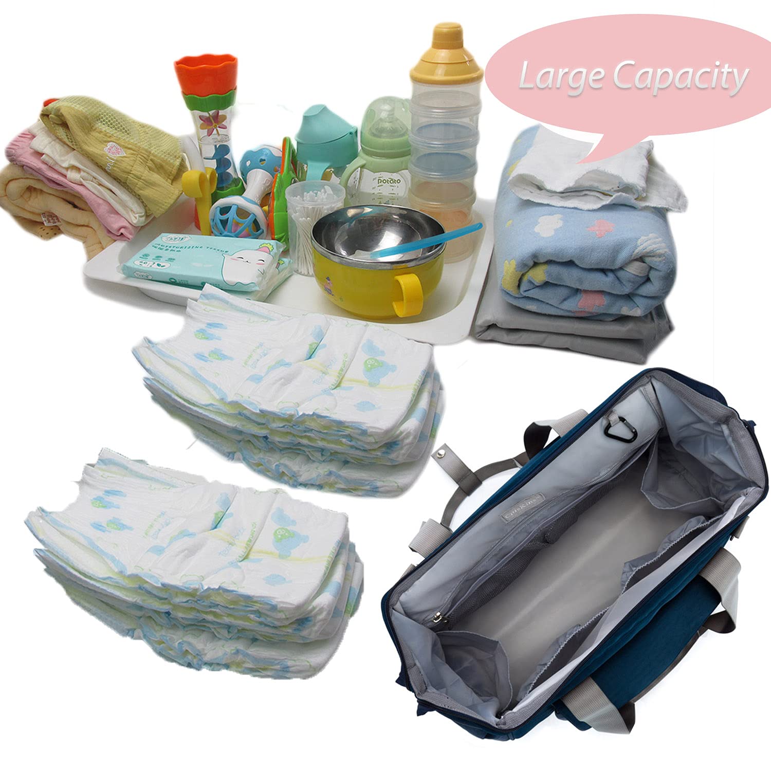 CitisKins Diaper Bag Tote Mommy bags Outdoor Handbags with Insulated Pockets,Changing Pad & Reflective Strips (Navy)