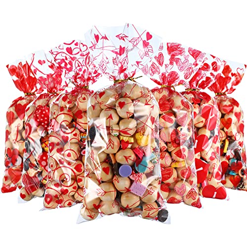 Blulu 180 Pieces Valentines Treat Favor Bags Cellophane Plastic Clear Candy Goodie Gift Bags with 200 Pieces Gold and Red Twist Ties for Valentine's Day Party Decorations, 6 Assorted Styles