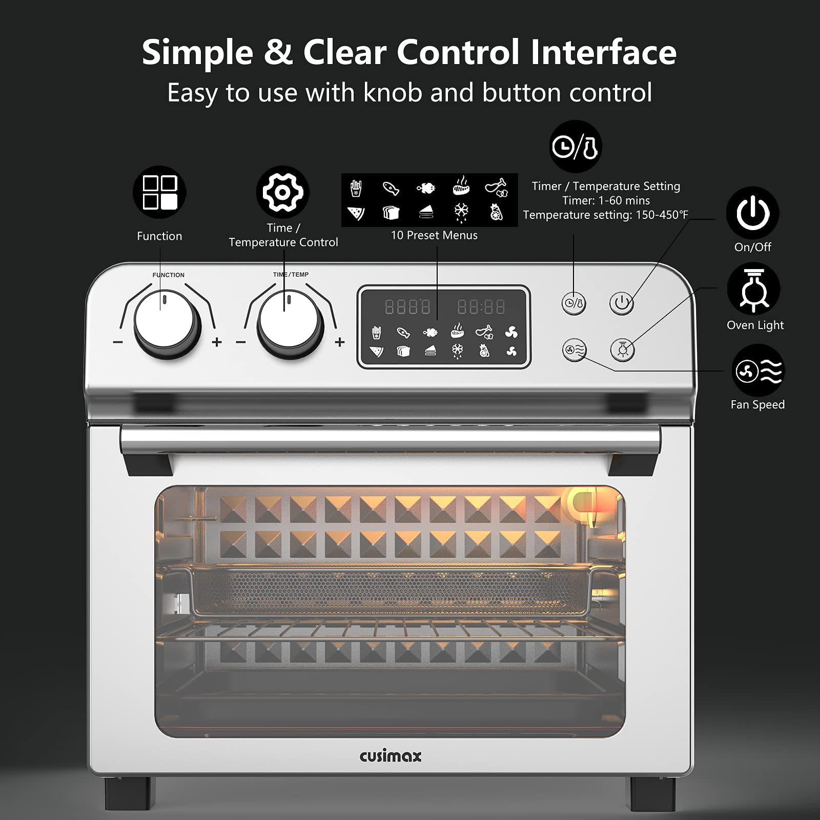 10-in-1 Convection Oven, CUSIMAX 24 Quart Large Air Fryer Toaster Oven, Countertop Oven with Rotisserie and Dehydrator, 6 Accessories & Recipes, Digital Controls, 1700W