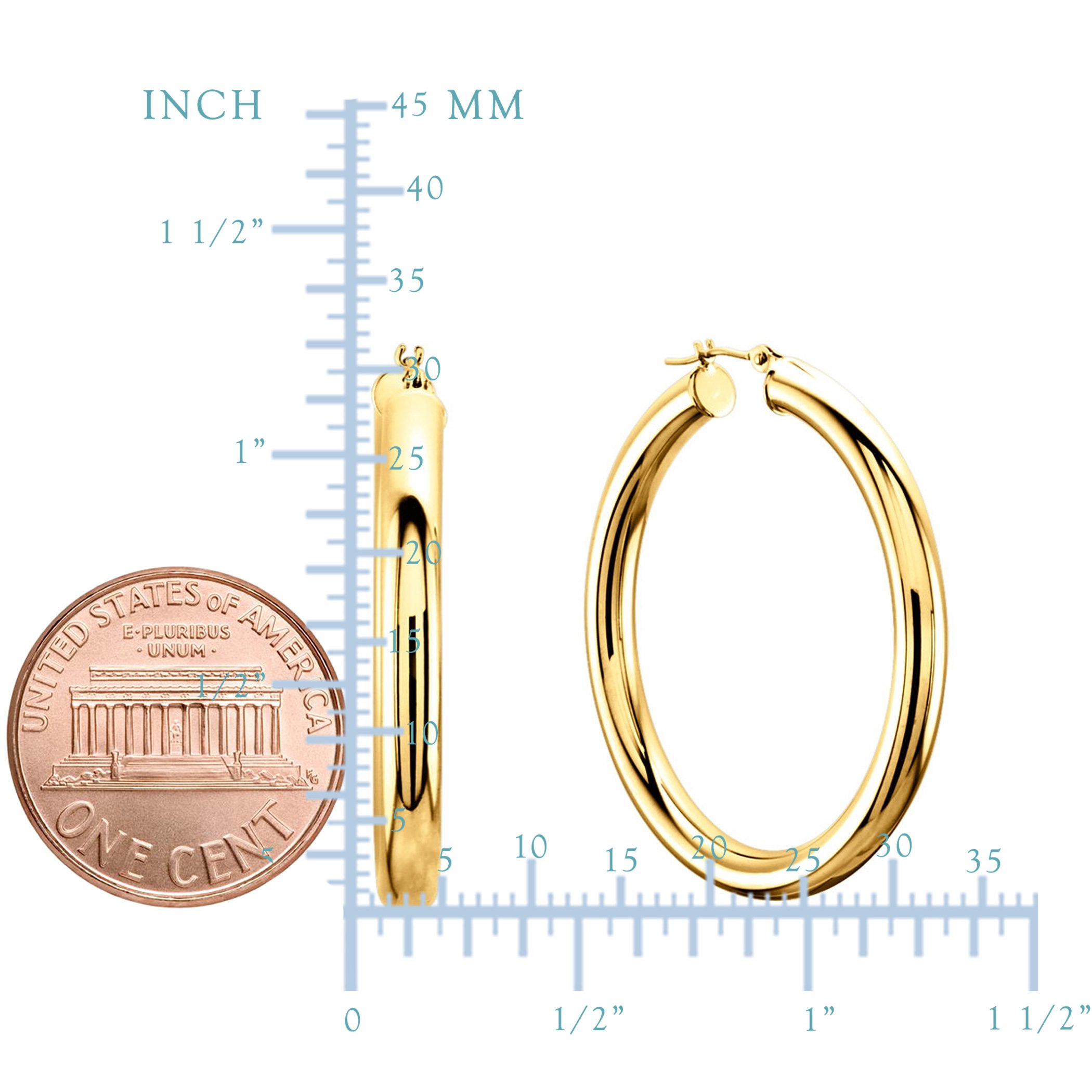 10k Yellow Gold 3mm Shiny Round Tube Hoop Earrings, Diameter 30mm