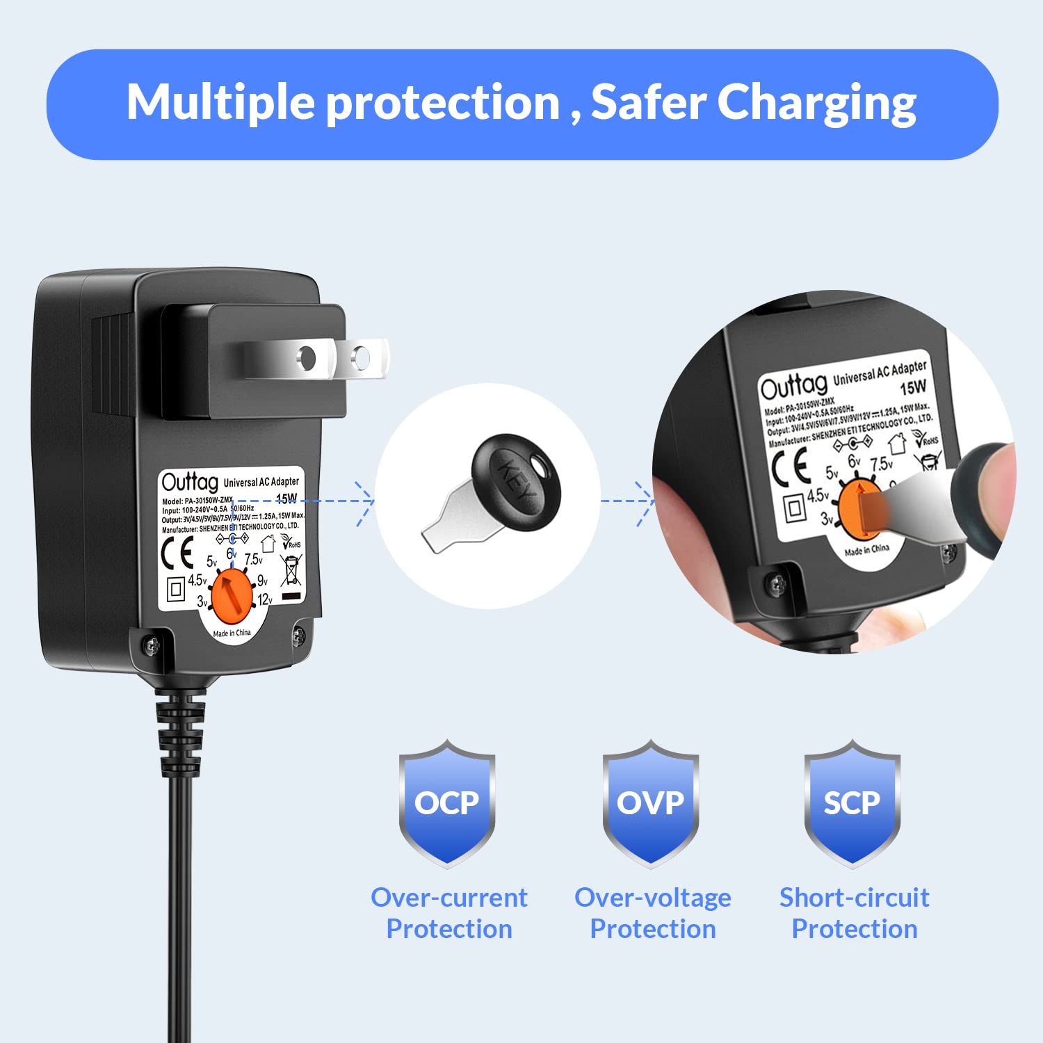 15W Universal AC Adapter 3V 4.5V 5V 6V 7.5V 9V 12V 0.5A 1A 1.25A MAX Multi Voltage Switching Power Supply Replacement for Household Electronics Routers CCTV IP Cameras Smartphone Speakers