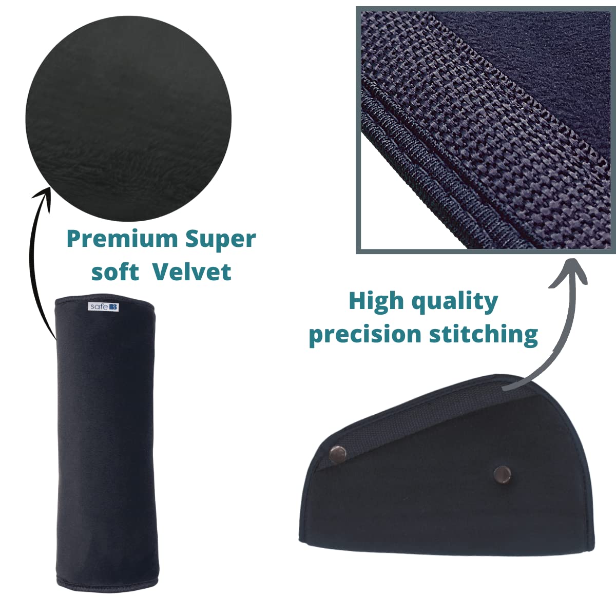 SafeBB Premium Seat Belt Adjuster for Kids, Seatbelt Pillow, Headrest Hooks Bundle! Shoulder Strap Pad for Head Neck Support, Seat Belt Cushion for Kids and Adults, Black