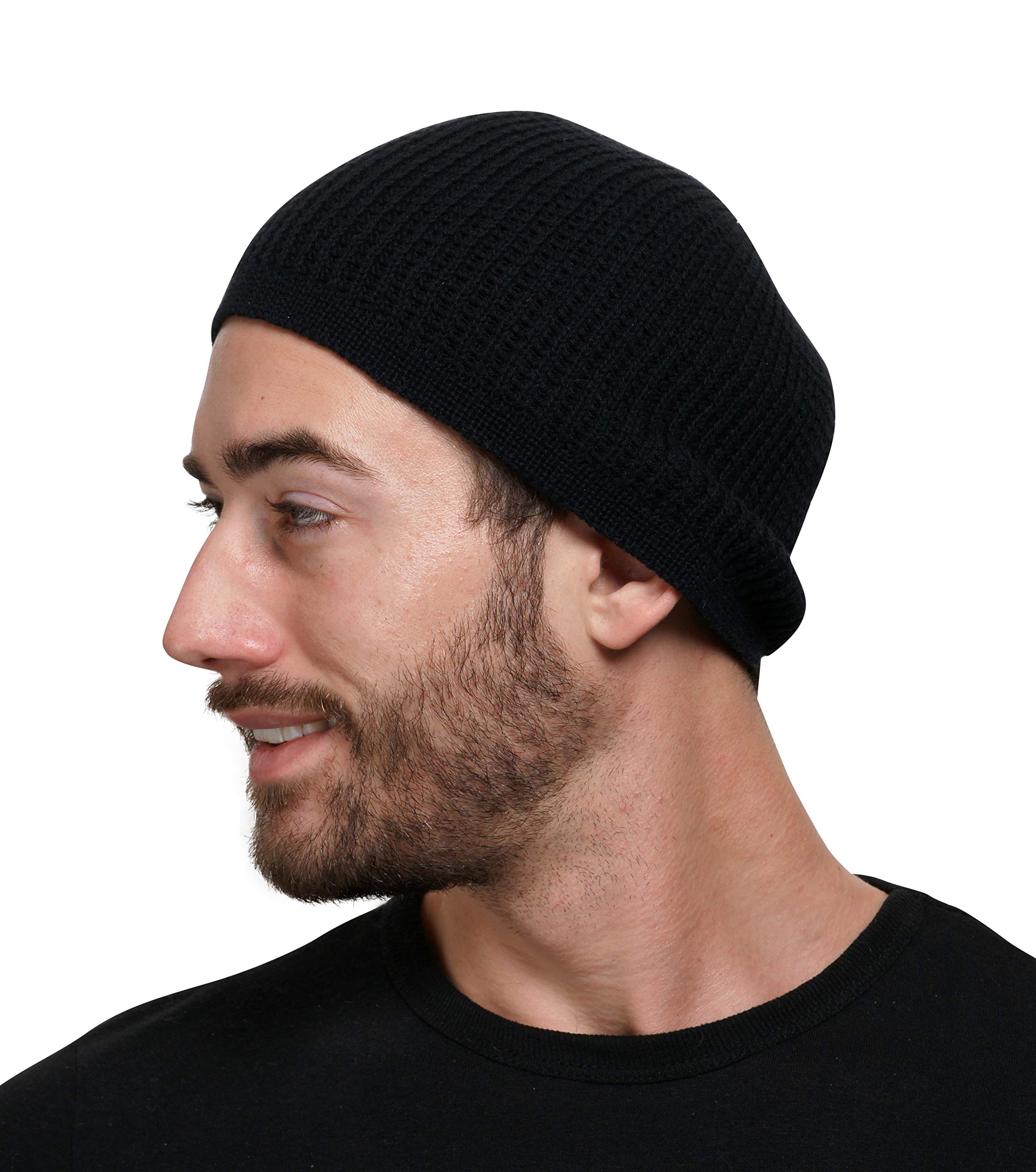 100% Natural Cotton Beanie Skull Cap | Lightweight Single Layer Crochet Cooling Sleep Chemo Caps | Zigzag and Ribbed Patterns (Ribbed - Black)