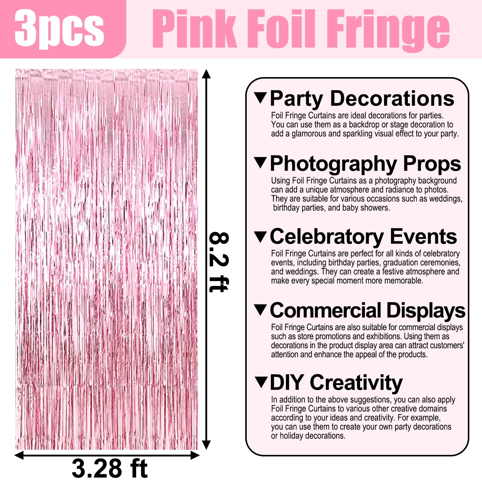 3 Pack Pink Foil Fringe Curtain Backdrop, 3.28Ft x 8.2Ft Metallic Tinsel Foil Fringe Streamer Curtains for Photo Booth, Christmas Day, Thanksgiving, Wedding, New Year Party Decorations