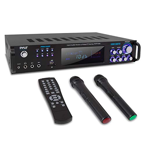 4 Channel Bluetooth Power Amplifier - 1000W Home Audio Rack Mount Stereo Receiver w/AM FM Radio, USB, Headphone, Dual Wireless Mic w/Echo for Karaoke, LED, for Speaker Sound System - Pyle PWMA1003BT