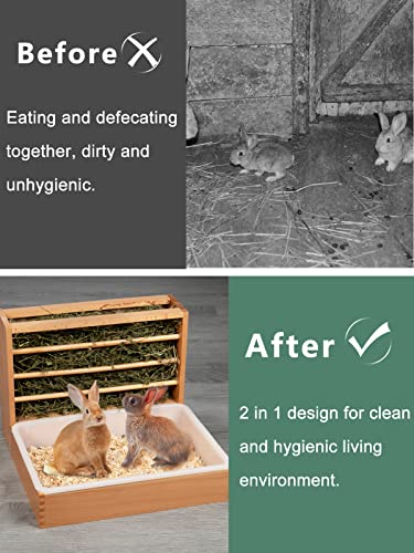 2 in 1 Large Hay Feeder with Litter Box, Safe Wooden Bunny Feeder Manger, Hay Holder Rack Toilet for Rabbit Guinea Pig Hamster Small Animals Reduces Waste