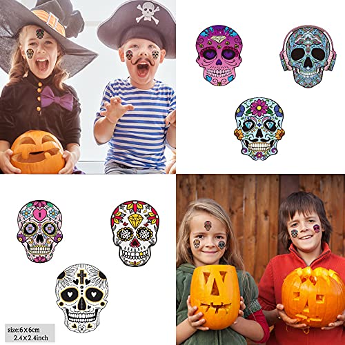 12 Sheets Halloween Face Tattoos Day of the Dead Face Sugar Skull Tattoos, Including 6 Large Sheets Halloween Sugar Skull Temporary Face Tattoos