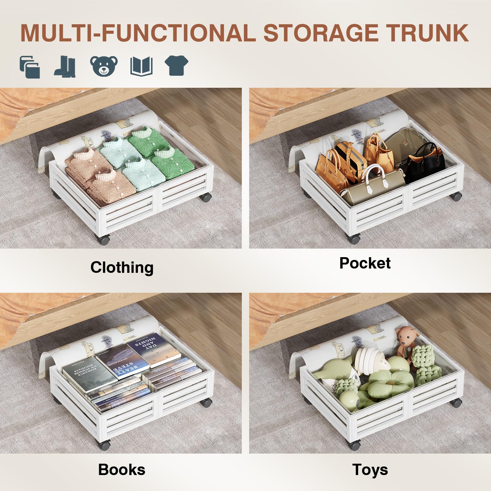 2 Pack Under Bed Bamboo Storage Containers,Under Bed Storage with Wheels,Stackable Under Bed Drawer Organizer with Lids Dust Bags for Baby Clothes Shoes Toys Blankets Bedding Wardrobe Bedroom(Natural)