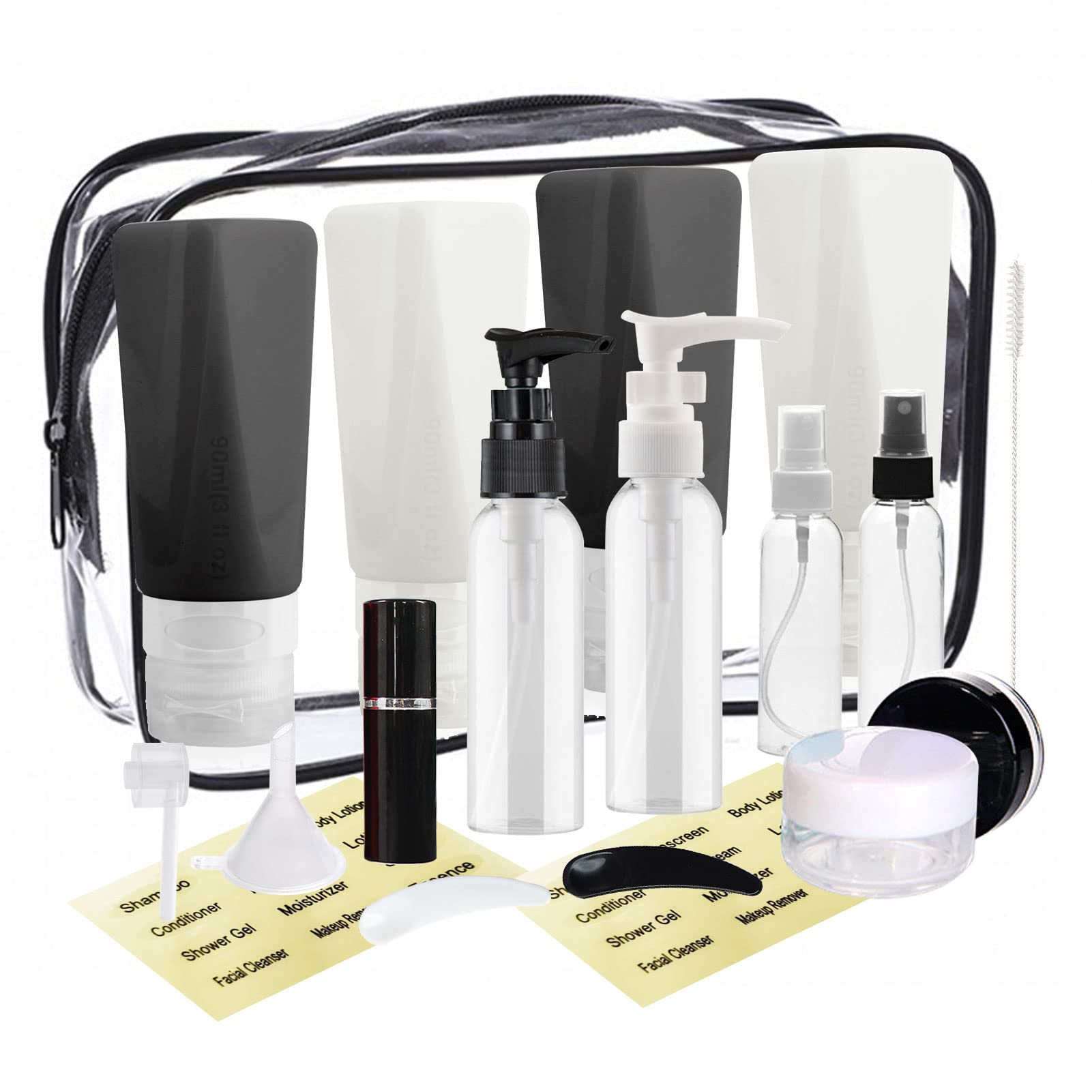 19Pack Empty Silicone Travel Size Toiletries Set, Leakproof Squeezable Spray Bottles Tubes, 1oz 2oz 3oz Refillable Cosmetic Container, Mini Perfume Atomizer Airplane Travel Essentials (White&Black)