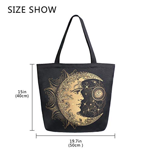 Boho Golden Moon Sun Extra Large Grocery Bag Reusable Canvas Tote Bag Casual Beach Shopping Tote Heavy Duty Washable Shoulder Bags Handbag