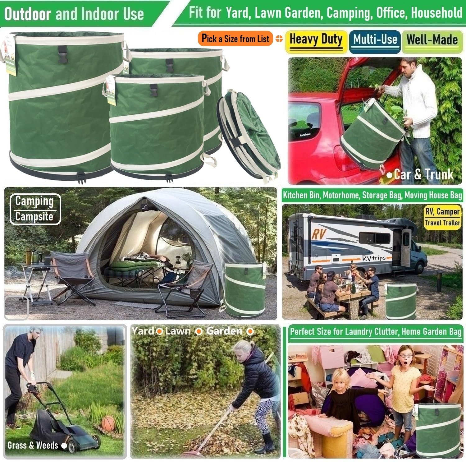 16 Gallon & 24 Gallon Collapsible Trash Can with Solid Bottom Yard Garden Bag for Pop-Up Trash Can,Recycling Bin,RV Camping Waste Bin,Home Laundry Hamper,Yard Waste Bag,Debris Bag,Lawn Grass,Leaf Bags