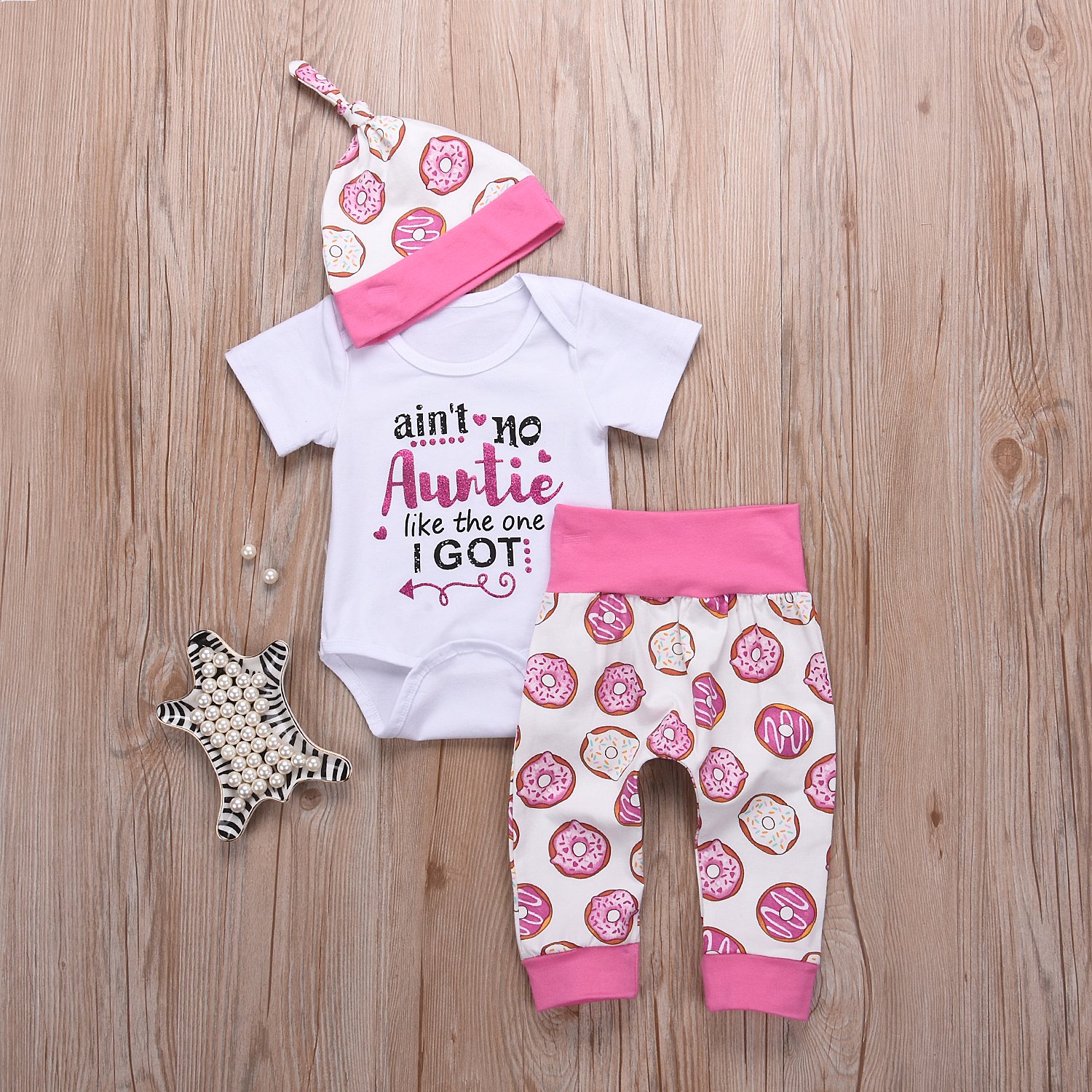 3Pcs/Set Newborn Baby Girls Outfit Auntie Bodysuit Romper with Headband+Donuts Long Pants Clothes Set (Pink, 0-6M)