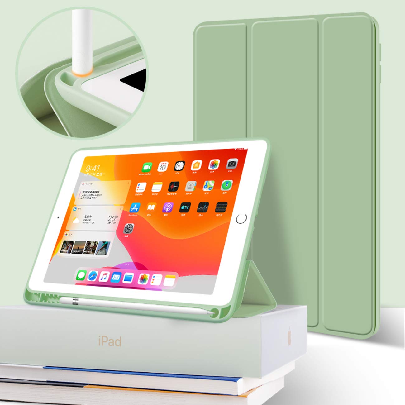 Aoub Case for iPad 6th/5th Generation Cases 9.7 inch 2018/2017 with Pencil Holder, Slim Lightweight Smart Stand Cover, Auto Wake/Sleep, Model A1893 A1954 A1822 A1823, Light Green