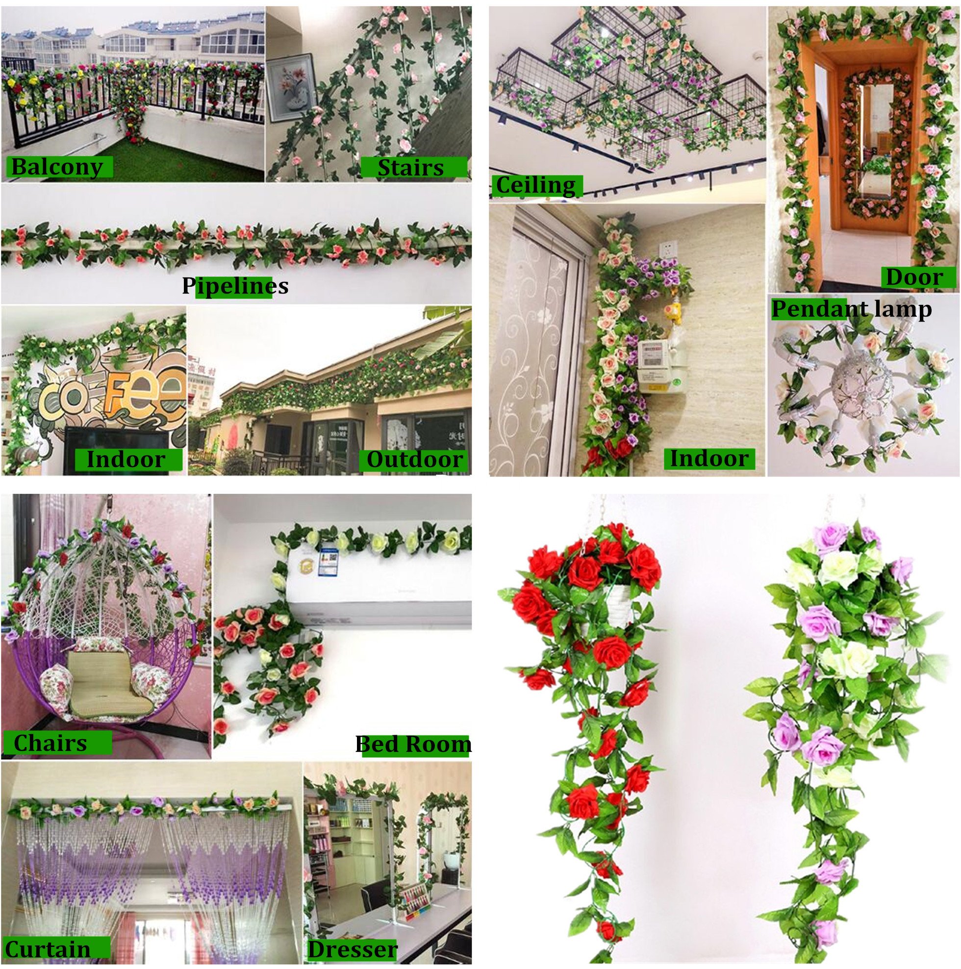4 Pack 7.8ft Artificial Rose Vines with Green Leaves Fake Flowers Plants Hanging Garden Vine Garland for Wedding Home Party Decor Rustic Craft Supplies (Aqua)