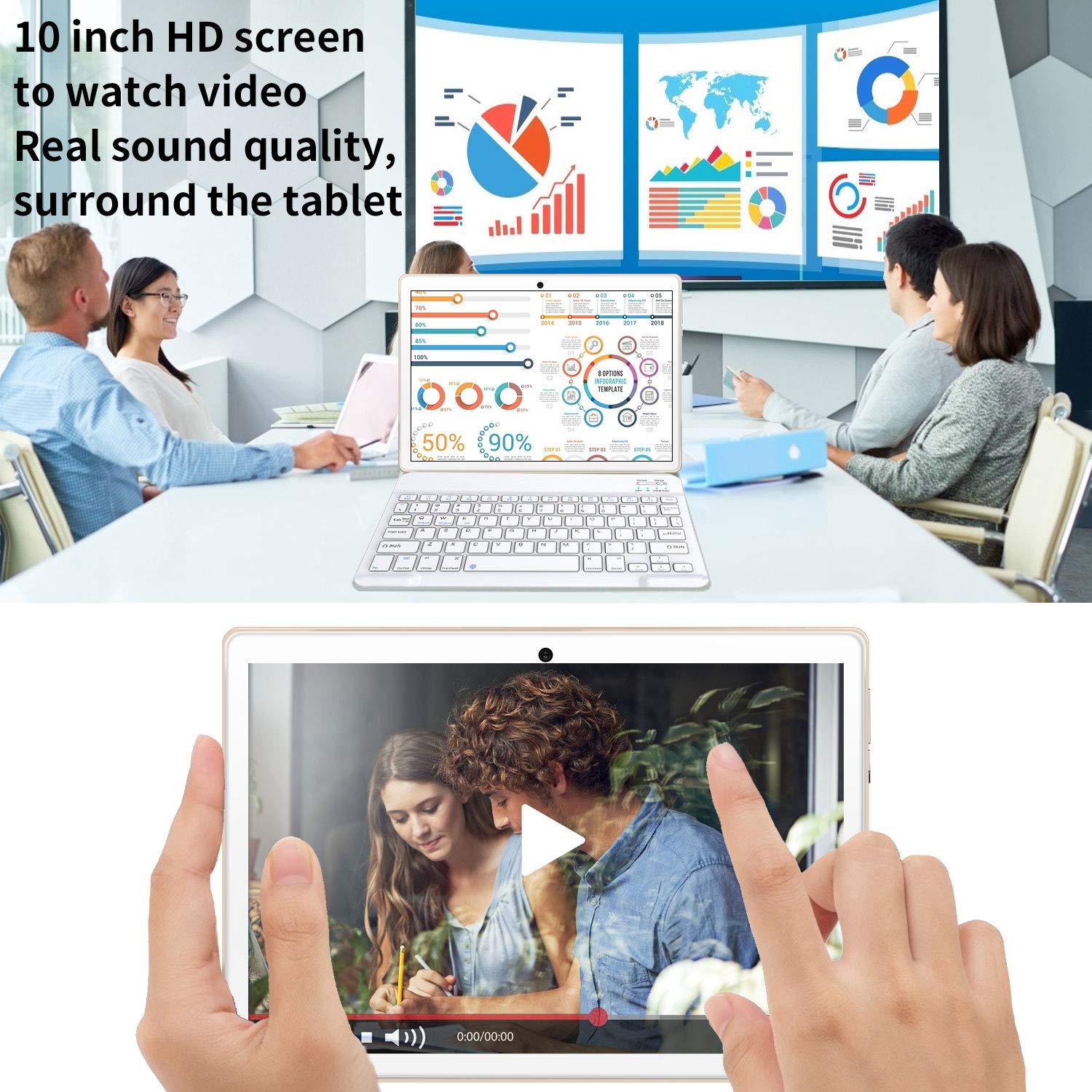 AOYODKG TAB-A22 10 Inch Tablet with Keyboard, Android 10, Octa-core Processor, 64GB Storage, 4GB RAM, 256GB Expandable, WiFi, GPS, 1920x1200 HD Display, Gold