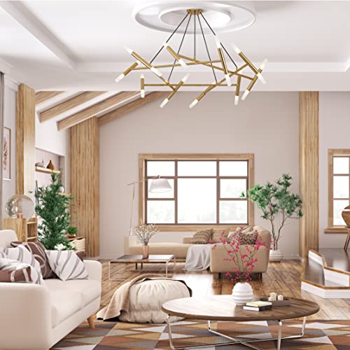 BOKT Mid Century Modern 20-Light Polygonal Chandelier Light Fixture for Kitchen Living Room Foyer Dining Room Ceiling Lamp Includ G4 Warm White Bulbs (Bronze)