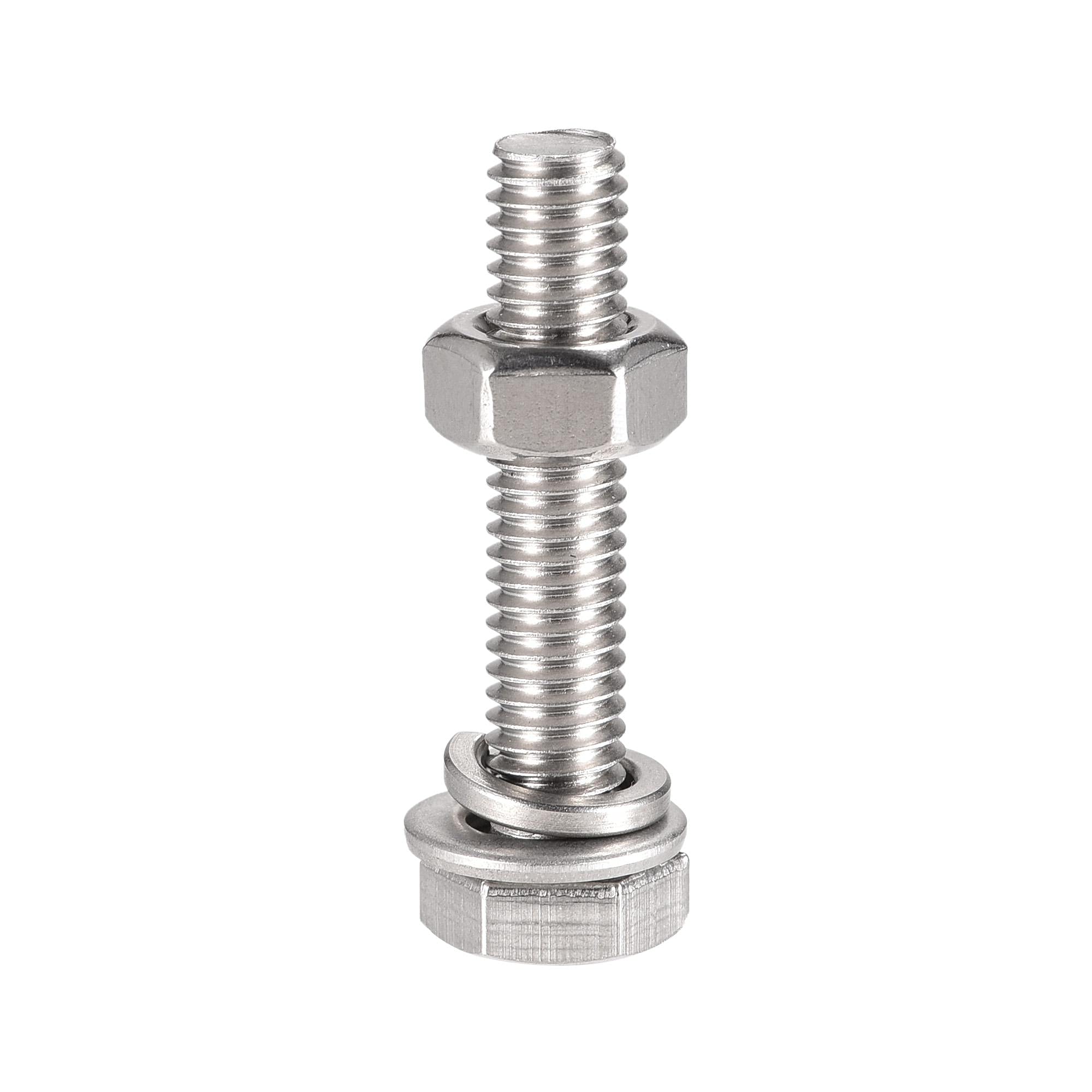 uxcell M6 x 30mm Hex Head Screws Bolts, Nuts, Flat & Lock Washers Kits, 304 Stainless Steel Fully Thread Hexagon Bolts 10 Sets