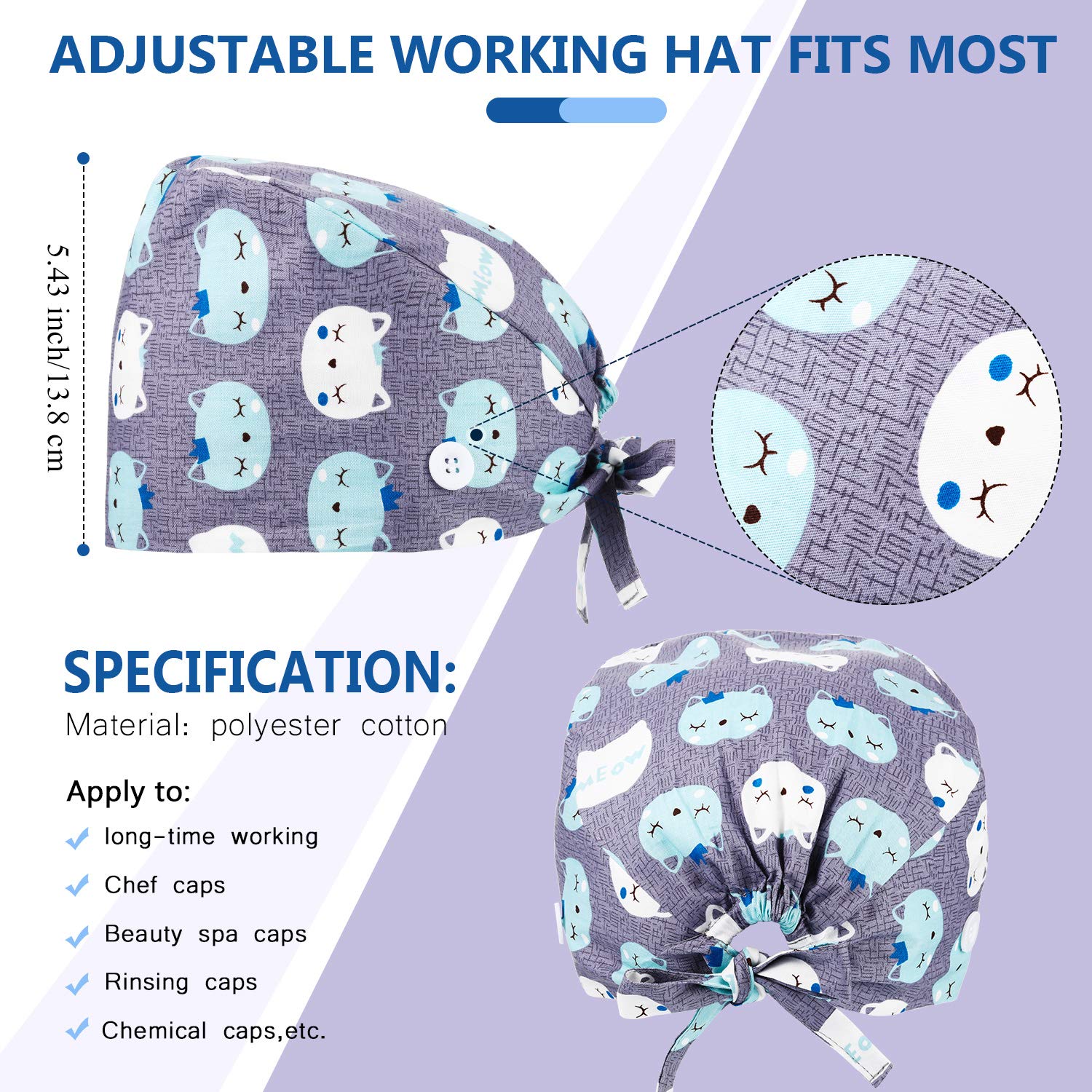 12 Pieces Bouffant Caps with Buttons Adjustable Sweatband Head Hair Covers Unisex Tie Back Hats (Assorted Cartoon and Floral Patterns)