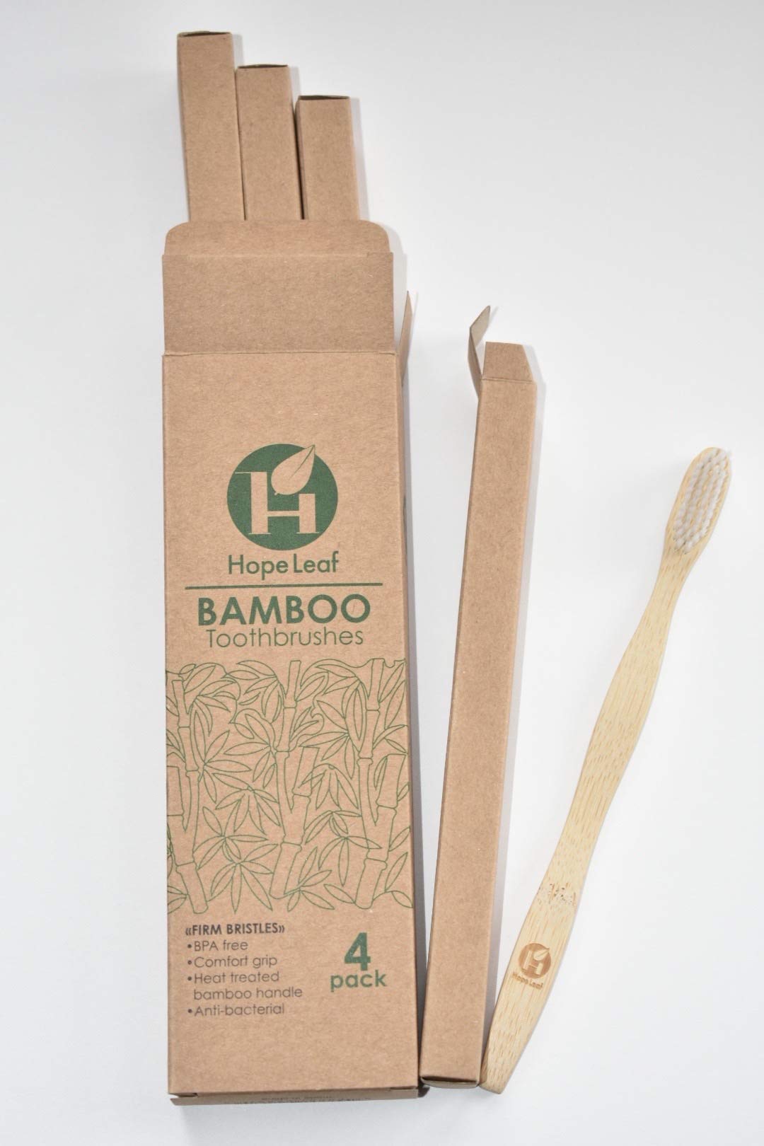 4 Pack Bamboo Toothbrushes by Hope Leaf ((Firm Bristles)) Natural Biodegradable Durable Vegan Organic