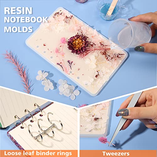 3Pcs Notebook Cover Resin Casting Molds for A5 A6 A7, LEOBRO Notebook Cover Silicone Molds, Resin Notebook Molds, Silicone Resin Molds for Notebook Epoxy Resin DIY, with Book Rings, Tweezers, Spoons