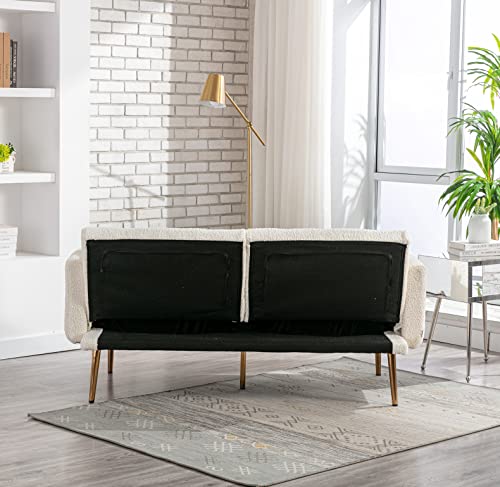 Antetek Futon Sofa Bed with 3 Adjustable Positions, Small Sleeper Sofa Loveseat with 2 Decorative Pillows, Modern Upholstered Convertible Couch with 5 Metal Tapered Legs, White Teddy