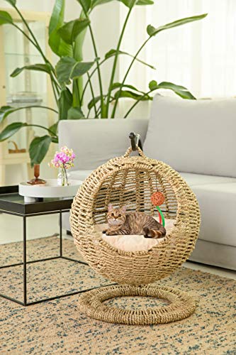 YoSpot Hand Made Wicker Cat Bed Basket Swinging Pet House Nest for Small Dog Cat with Cushion