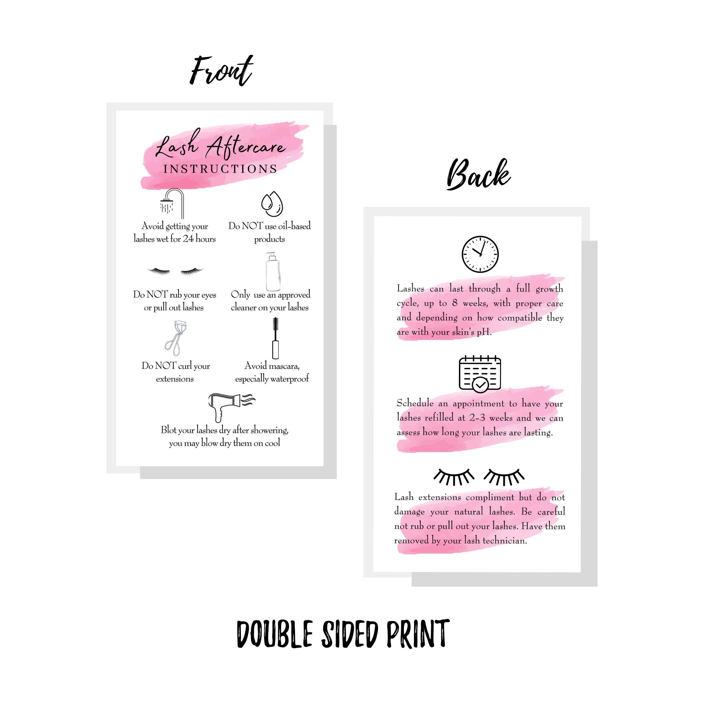 Lash Extension Aftercare Instructions Cards | 50 Pack | Double Sided Size 3.5 x 2" inches After Care (2-3 Week Fillers) | White with Pink Watercolor Design