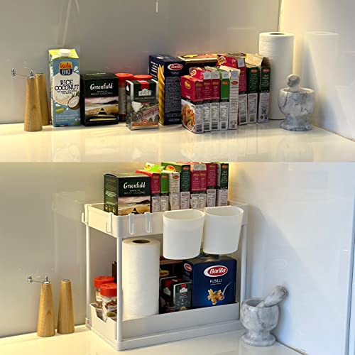 2 Tier Storage Organizer Multi-purpose Under Cabinet Bathroom Under Sink Organizers and Storage White Under Sink Storage for Bathroom Kitchen