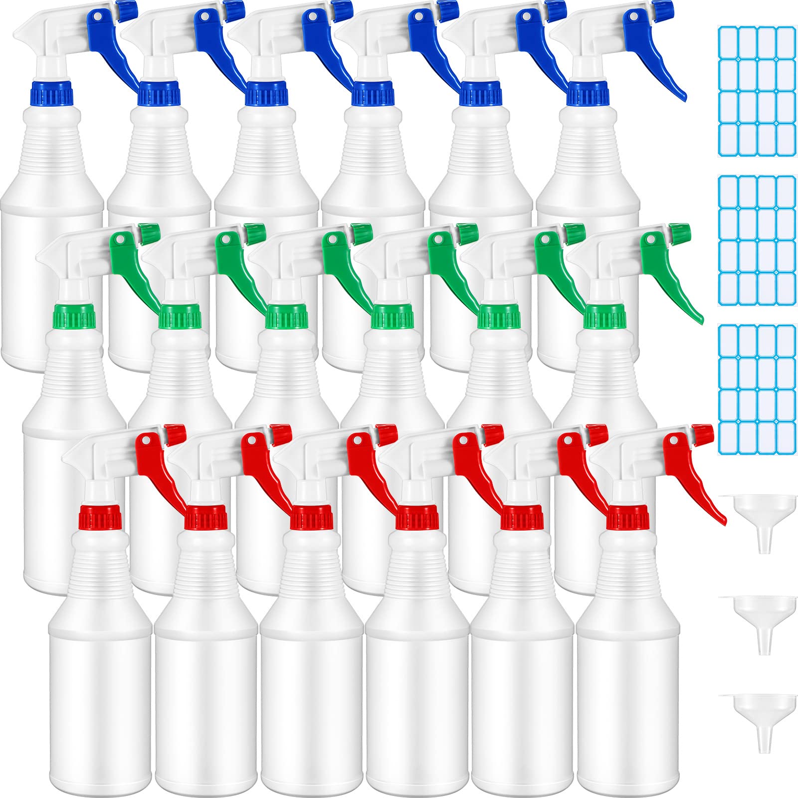 18 Pack 24oz Plastic Spray Bottle Empty Reusable Spray Bottles for Cleaning Solutions Heavy Duty Spraying Bottles No Leak and Clog Water Spray Bottle Plants Pet with Adjustable Nozzle (Red,Blue,Green)
