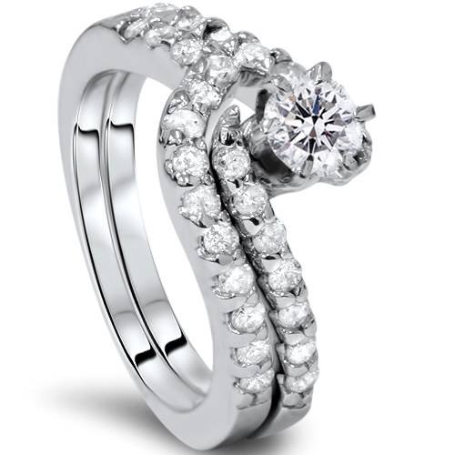 1ct Diamond Pave Engagement Bypass Wedding Ring Set Matching 14K White Gold - Size 9.5